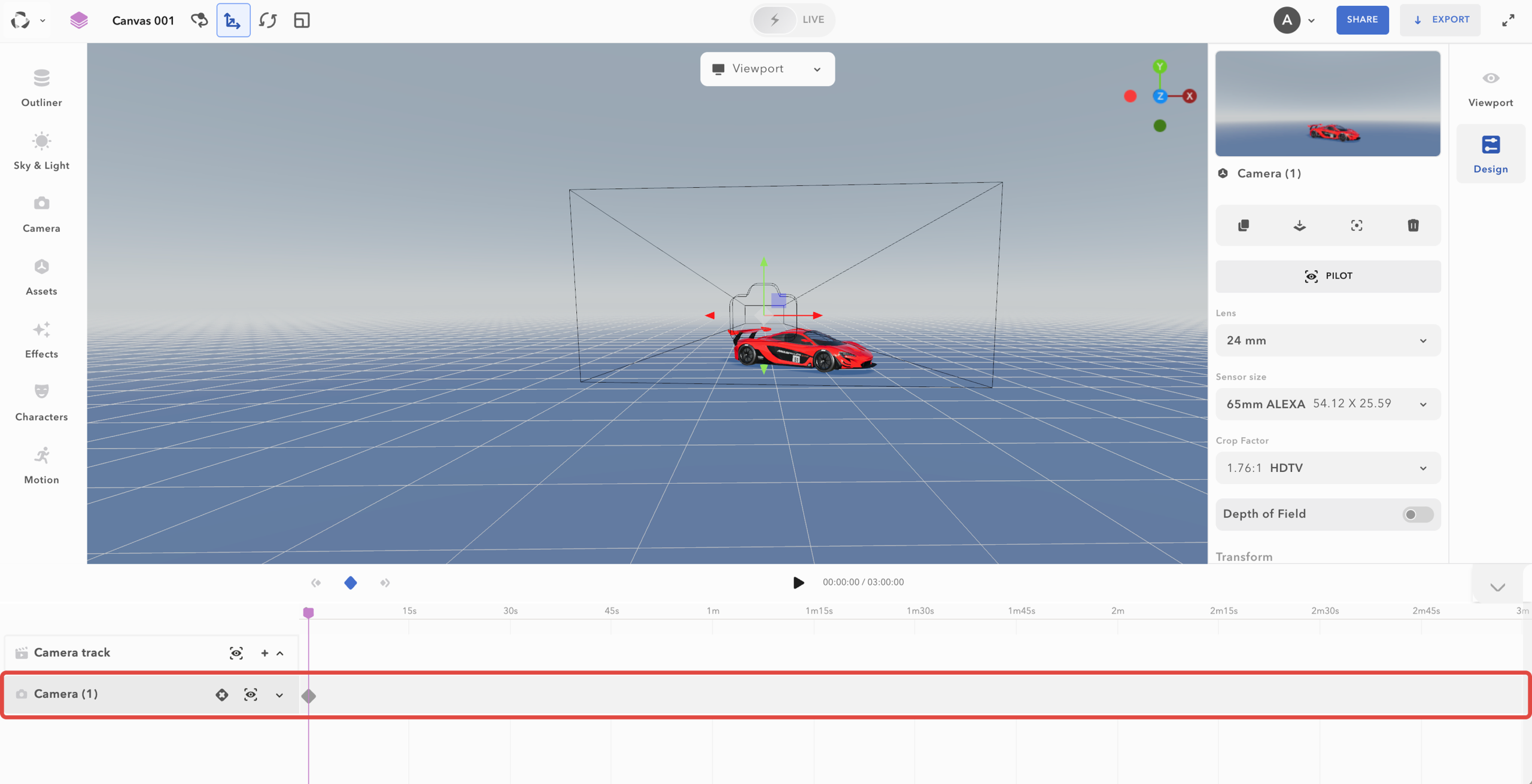 Animate virtual camera movements in RADiCAL for 3D animation